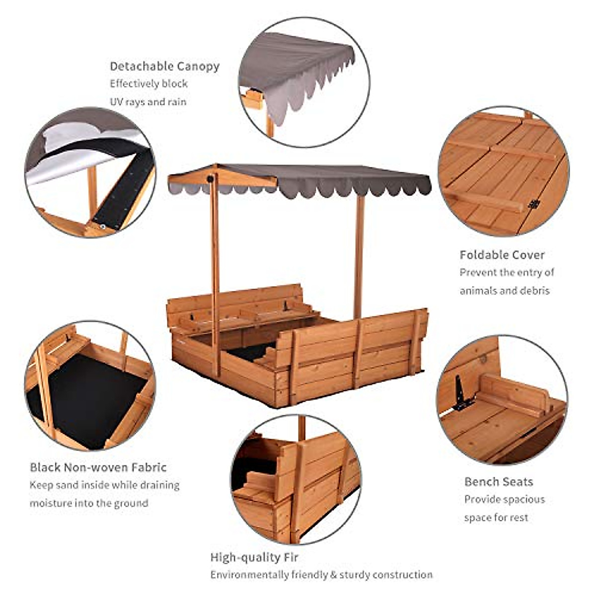 Kids Wooden Outdoor Sandbox w/Canopy, 2 Foldable Bench Seats, Retractable Roof Sand Protection Liner 47x47-Inch