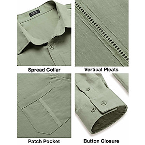COOFANDY Guayabera Shirts for Men Long Sleeve Linen Cuban Shirts for Men Casual Button Down Shirts Beach Shirts Light Green