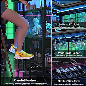 Hyomdeck L Shaped Home Bar with Power Outlet & LED Light, Corner Bar Cabinet with Footrest, Liquor Cabinet with Wine Glass Rack, Coffee Bar Table with Storage for Home Kitchen, Dining Room, Light Oak