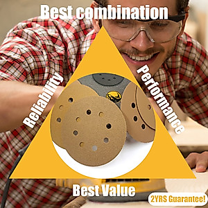TigerShark 5 Inch Sanding Discs 8 Hole Grit 60 50pcs Pack Special Anti Clog Coatin Paper Gold Line Hook and Loop Dustless Random Orbital Sander Paper Coarse