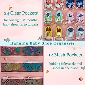 HUHYNN Baby Shoe Organizer for 12 Pairs of Boys Girls Baby Shoes, Double Sided Baby Shoe Organizer with Multiple Pockets(No Accessories Included) (Pink)