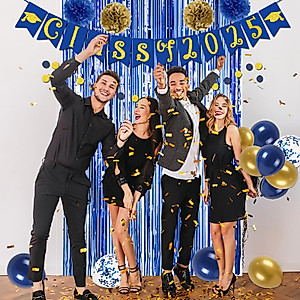 Graduation Party Decorations 2023-Blue and Gold Class of 2023 Banner Paper Pompoms, Congrats Grad Foil Fringe Curtain Backdrop and Senior Graduation Party Balloons Decorations Supplies