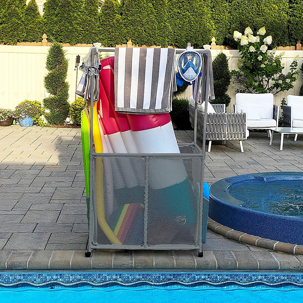 Pool Bins Pool Equipment Holder with Towel Drying Bars, Mesh Rolling Multi Use Storage Organizer Bin, Large Towel Hanger (25" L x 34.5" W x 62.6" H), Gray