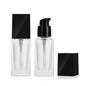 QUUPY 2Pcs 15ml/0.5oz Empty Clear Square Glass Emulsion Essence Bottle With Black Pump Head Cosmetic Foundation Travel Vials Containers Holder For Lotion Cleanser Essential Oils Liquids Body Cream