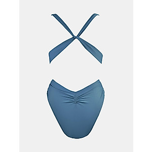 CUPSHE One Piece Swimsuit for Women Bathing Suit Cut Out Cross Back Tie Deep V Neck Ruched High Cut,L Sapphire Blue