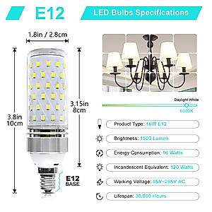 Super Bright E12 LED Corn Bulbs, 16W 1500LM Bulbs, Daylight White 6000K Lights, CRI80+, 120W Incandescent Bulb Equivalent, E12 Base Non-Dimmable LED Lamp, Pack of 8