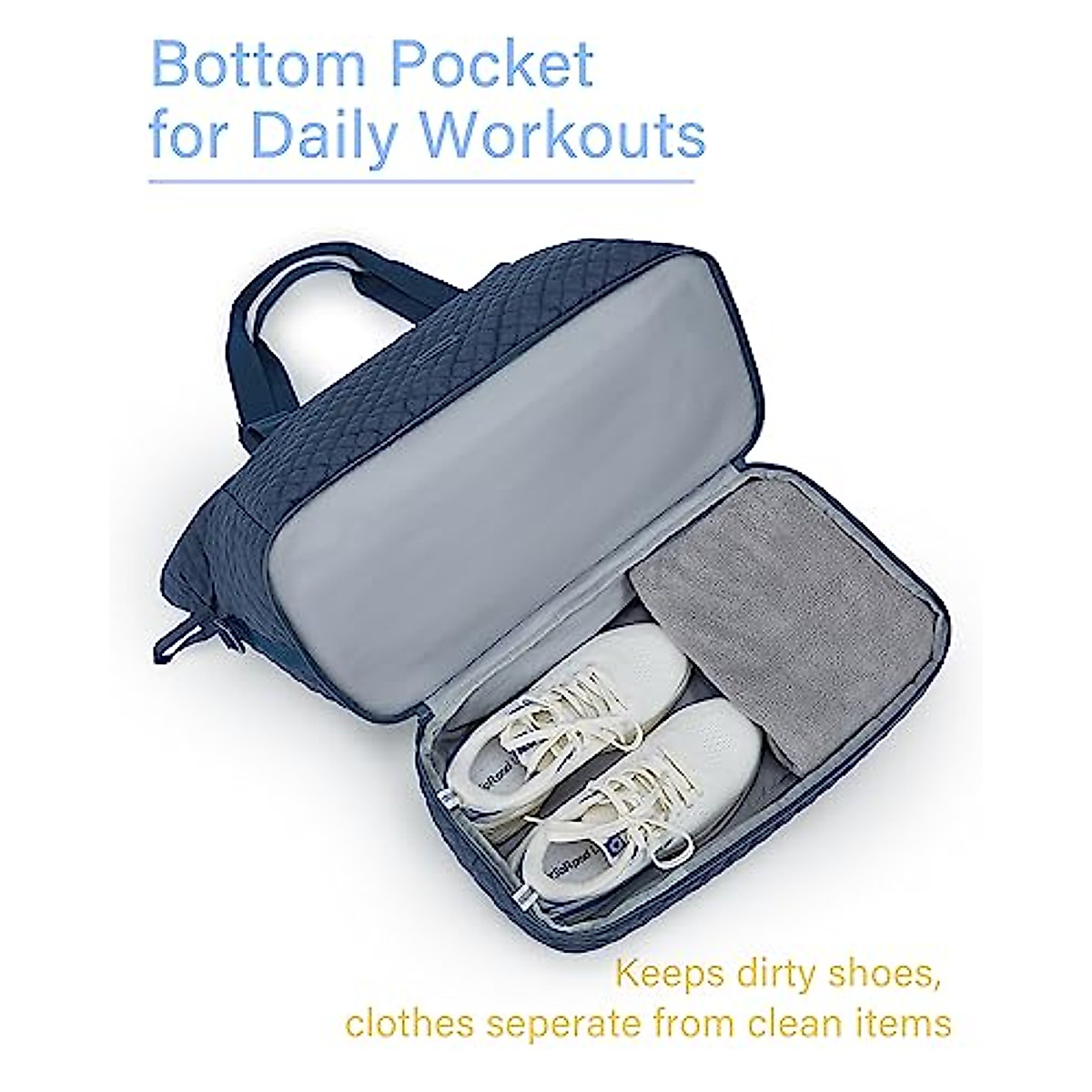 BAGSMART Weekender Overnight Bag 39L Large Travel Duffle Bag for Women, Quilted Cotton Sports Gym Bag with Shoe Compartment, Carry-on Bag with Multiple Pockets, Machine Washable(Navy Blue)