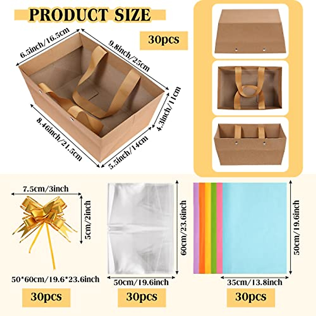 30 Pieces Baskets with Handle for Gifts Empty with Cellophane Basket Bags Tissue Paper Bows Ribbons Bulk Empty Gift Basket with Handles for Graduation Birthday Party Wedding Holiday