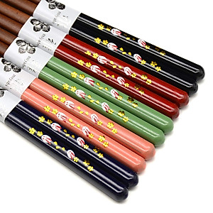 OMyTea 5 Pairs Chopsticks Reusable - Japanese Wooden Chopsticks Gift Sets, 9 Inch/23cm, for Sushi, Noodles, Rice, Camping, Travel (Sakura & Rabbits)