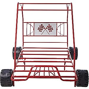AOCHUANG Metal Twin Car Bed Gunmetal Go Kart Bed, Twin Size Bed Frame with A Racing Flag Decor Headboard/Metal Tube Slat Support/No Box Spring Needed (Red Go Kart)