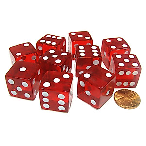 Set of 10 D6 Square Edged 19mm Dice - Transparent Red with White Pips by Koplow Games