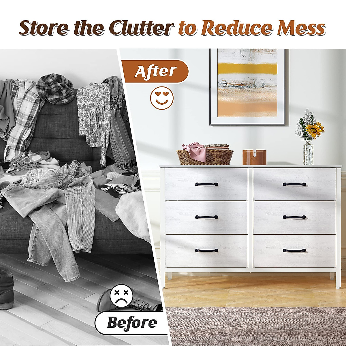 LYNCOHOME White Dresser with 6 Drawers, Wide Dresser for Bedroom and 50" TV, Entertainment Center with Metal Frame, Wooden Top, Fabric Drawers Dresser for Bedroom, Hallway, Entryway, White