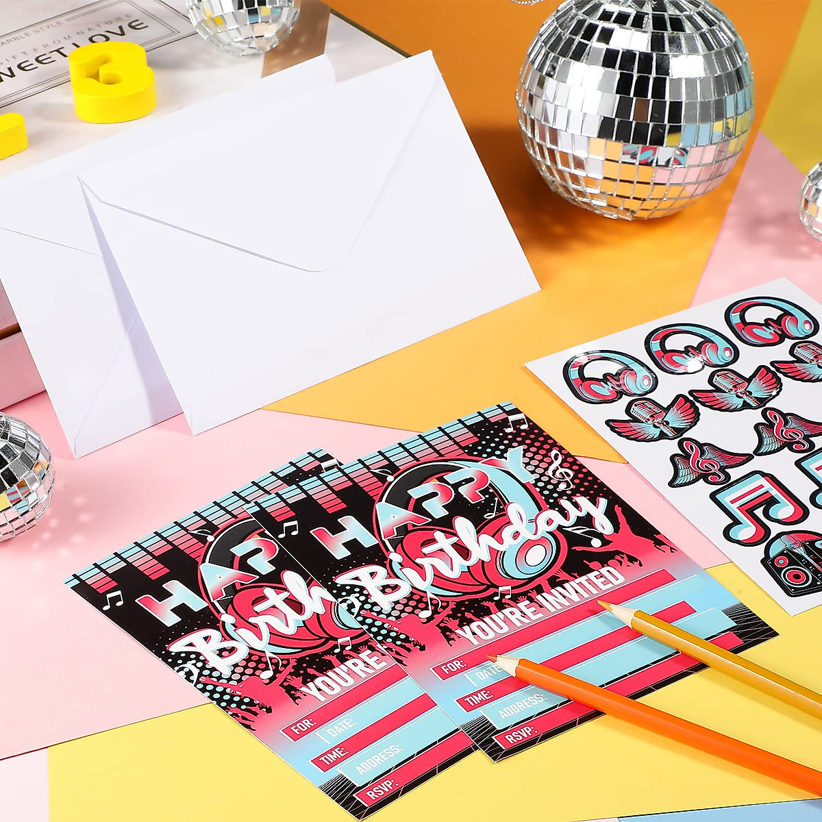 Pajean 30 Pack Music Birthday Party Invitations Dance Party Invite Cards with Envelopes Stickers Halloween Glow in the Dark Party Supplies Favors
