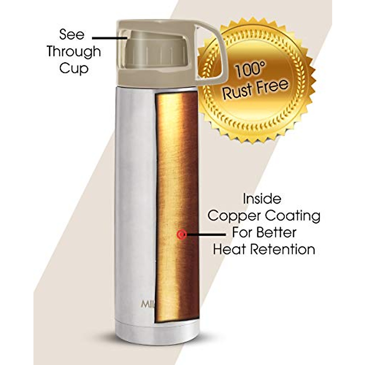 Milton Thermosteel Glassy Flask 1000, Double Walled Vacuum Insulated 1000 ml | 34 oz | 1 qt. | 24 Hours Hot and Cold Bottle with Cover, 18/8 Stainless Steel, BPA Free, Food Grade, Leak-Proof | Gray