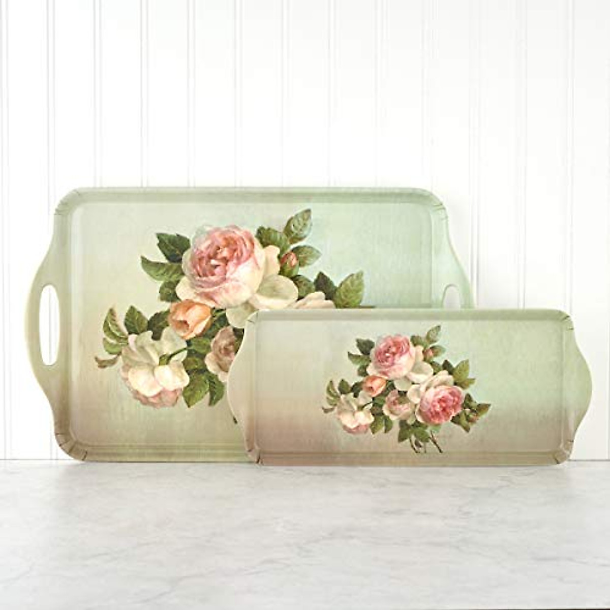 Pimpernel Antique Roses Trays | Set of 2 | Large Handled Serving Platter | Sandwich, Crudité, and Appetizer Tray | Melamine Serving Tray for Lunch, Coffee, or Breakfast | Dishwasher Safe