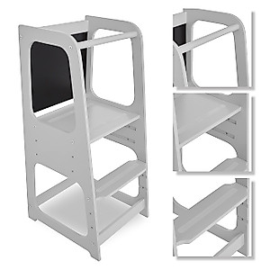 Dream On Me Explora Tower & Step Stool in Pebble Grey, Anti-Slip Base, Multipurpose Kids Step Stool, 3 Platform Heights, Chalkable Black Board