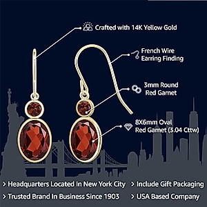 Gem Stone King 14K Yellow Gold Red Garnet Hook French Fish Ear Wire Dangle Earrings For Women (3.04 Cttw, Gemstone January Birthstone, Oval 8X6MM, Round 3MM)