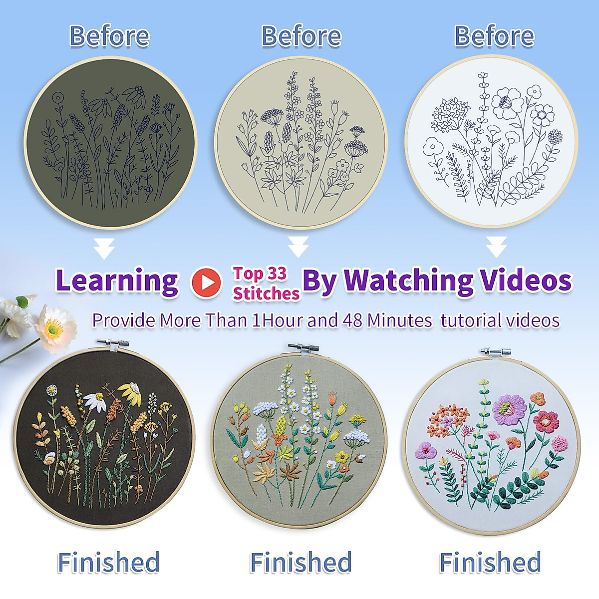 ETSPIL 3 Pack Beginner Embroidery Kits for Adults, DIY Starter Set with Stamped Flower Designs, Embroidery Hoop, Colorful Threads, Tools, Step-by-Step Instructions & Video Tutorial