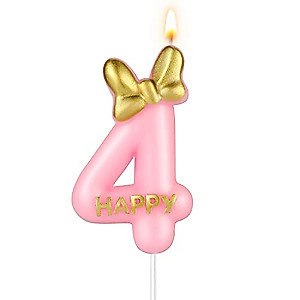 5.8cm / 2.28in Pink Birthday Candles, Cute Candle Cake Topper with Bow Knot Cake Numeral Candles Number Candles for Girls Birthday Anniversary Parties (4)
