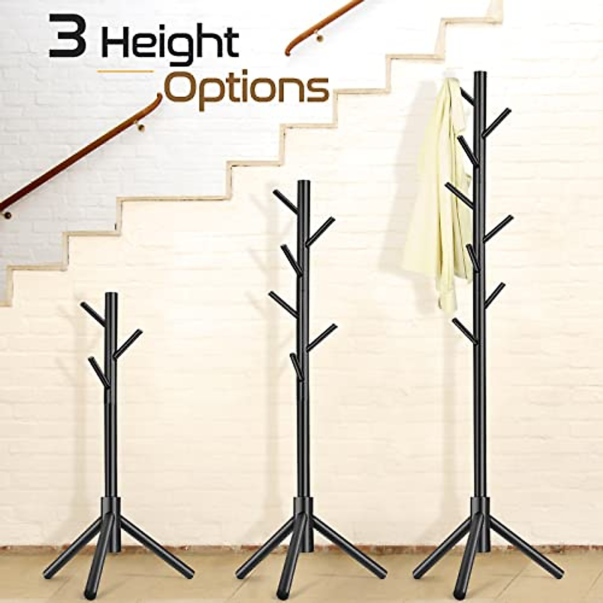 WANGMUXIA High-Grade Wooden Coat Rack, Freestanding Coat Rack with 8 Hooks and 3 Adjustable Size Tree Coat Racks for Bedroom, Hallway, Entrance, Office, for Hats, Coats, Scarves, Handbags