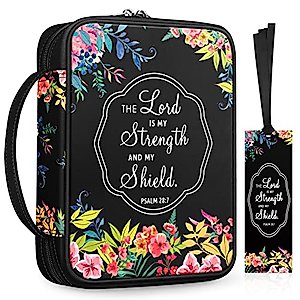Floral Bible Cover w/A Bookmark, FINPAC Carrying Book Case Church Bag Bible Protective with Handle and Zippered Back Pocket, Perfect Gift for Girls Women Mother Kids (Black)
