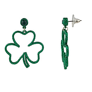 Lux Accessories Glittery Grainy Green Colored Clover Silvertone Lock Dangle Earrings
