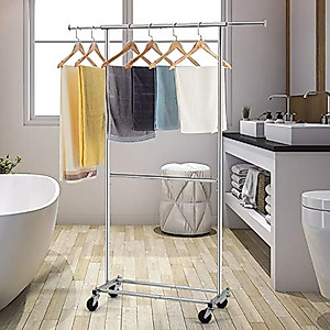 Auledio Expandable Double Rod Clothing Garment Racks On Wheels, Heavy Duty Hanging Clothes Organizer Stand Adjustable Rolling Rack, Chrome