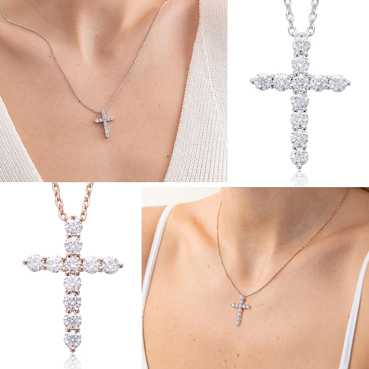 Ladylike 18K Gold Plated Sterling Silver Moissanite Cross Pendant Necklace for Women, with 11 Pieces of 3mm VVS1, D moissanites,Small and Exquisite Necklace,16+2" inches Necklace Chain (Silver)