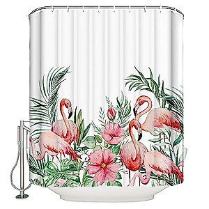 Polyester Fabric Red Pink Flamingo Shower Curtain, Tropical Plants Summer Botancial Palm Leaves, Waterproof Bathtub Curtain Bathroom Decor Set with Hooks 72 x 72 Inches,