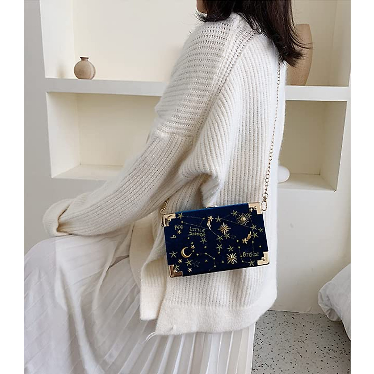 HANDAFA Elegant Velvet Clutch Handbag Star and Moon Evening Bag Chain Box Bag For Wedding Party(Teal)