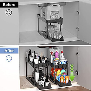Under Sink Organizers and Storage, 2 Tier Black Bathroom Cabinet Organizer with 4-Height Adjustable Telescopic Tube,4 Removable Dividers,4 Hooks,1 Cup, Kitchen Under Sink Organizer,1 Pack