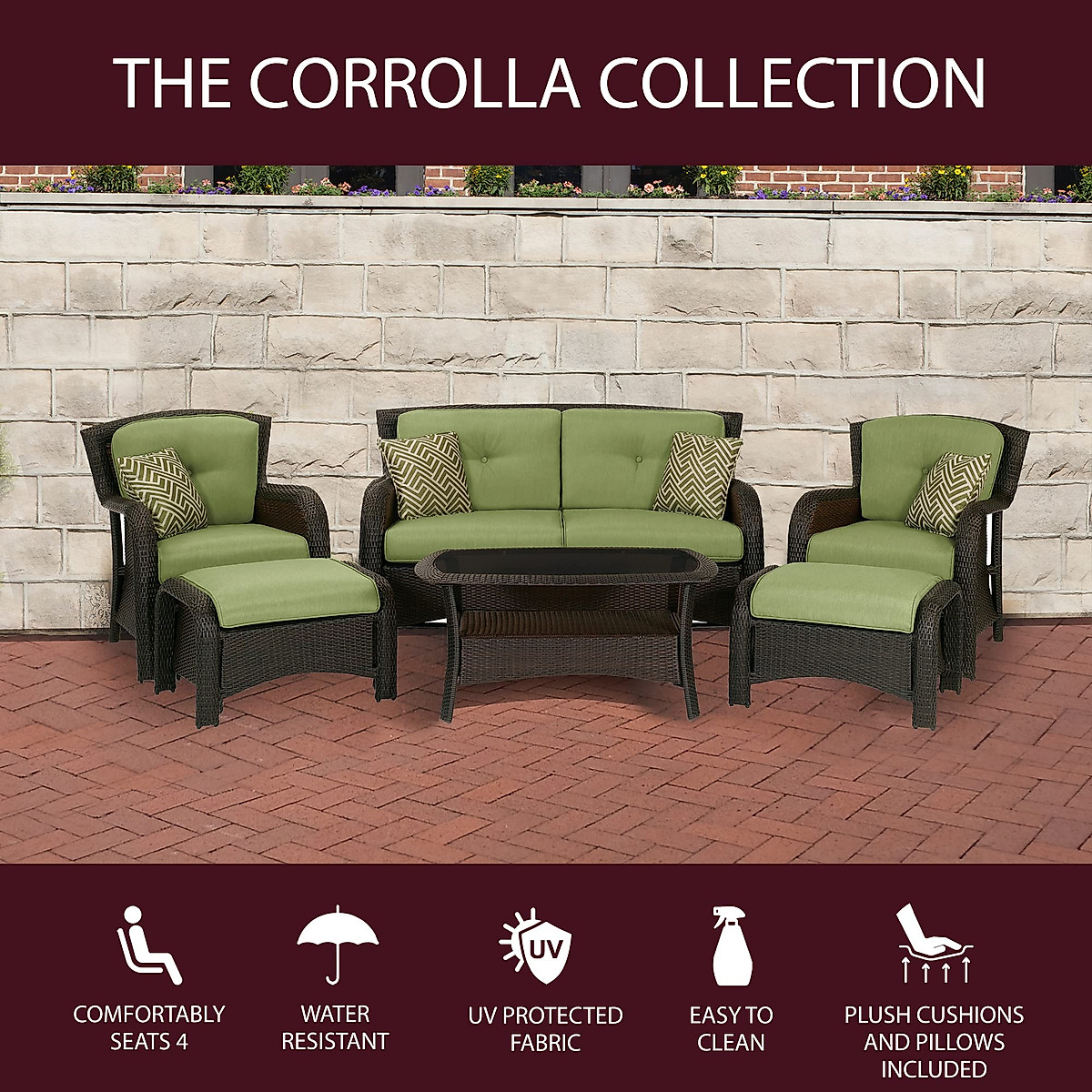 Cambridge Corrolla 6-Piece Outdoor Conversation Set, Modern Luxury Furniture for Patio, Deck, Sunroom, Loveseat, Coffee Table, 2 Chairs, 2 Ottomans, Plush Green Cushions, Patio Furniture Set