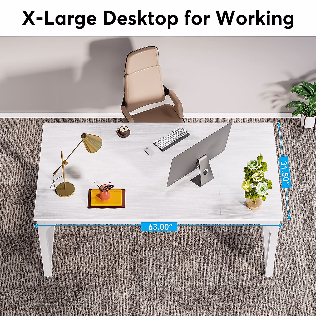 LITTLE TREE 63 Inch Large Executive Computer Office Desk, White