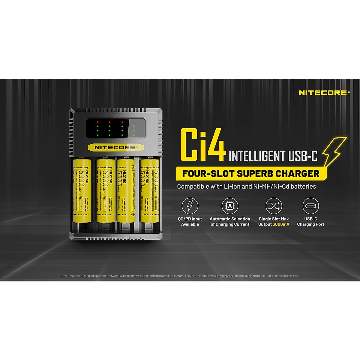 Nitecore Ci4 Four Bay Universal Battery Charger Support 16340 14500 18650 21700 Lithium Ion AA AAA Ni-MH Ni-CD, USB-C QC PD with Lumentac Battery Organizer