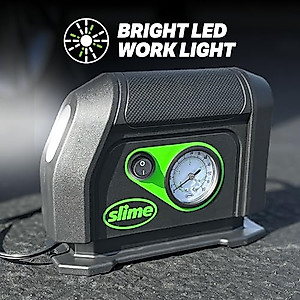 Slime 40050 Tire Inflator, Portable Car Air Compressor, with Analog 100 psi Dial Gauge, Long Hose and LED Light, 12V, 8 min Inflation