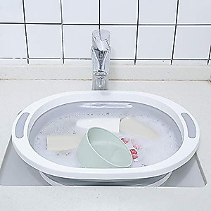 AAKitchen Collapsible Dish Pan Cutting Board Combo Portable Washing Basin Dish Tub Foldable Storage Organizer Wash and Drain Dish Basket over the Sink Dish Drainer for RV, Camp, Marine