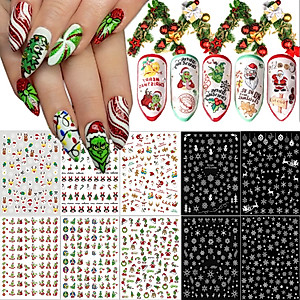 10 Sheets 3D Christmas Nail Art Stickers Self-Adhesive Winter Nail Art Supplies Winter Snowflake Nail Decals Elk Santa Claus Nail Design Stickers for Women Xmas Nail Decoration Charms
