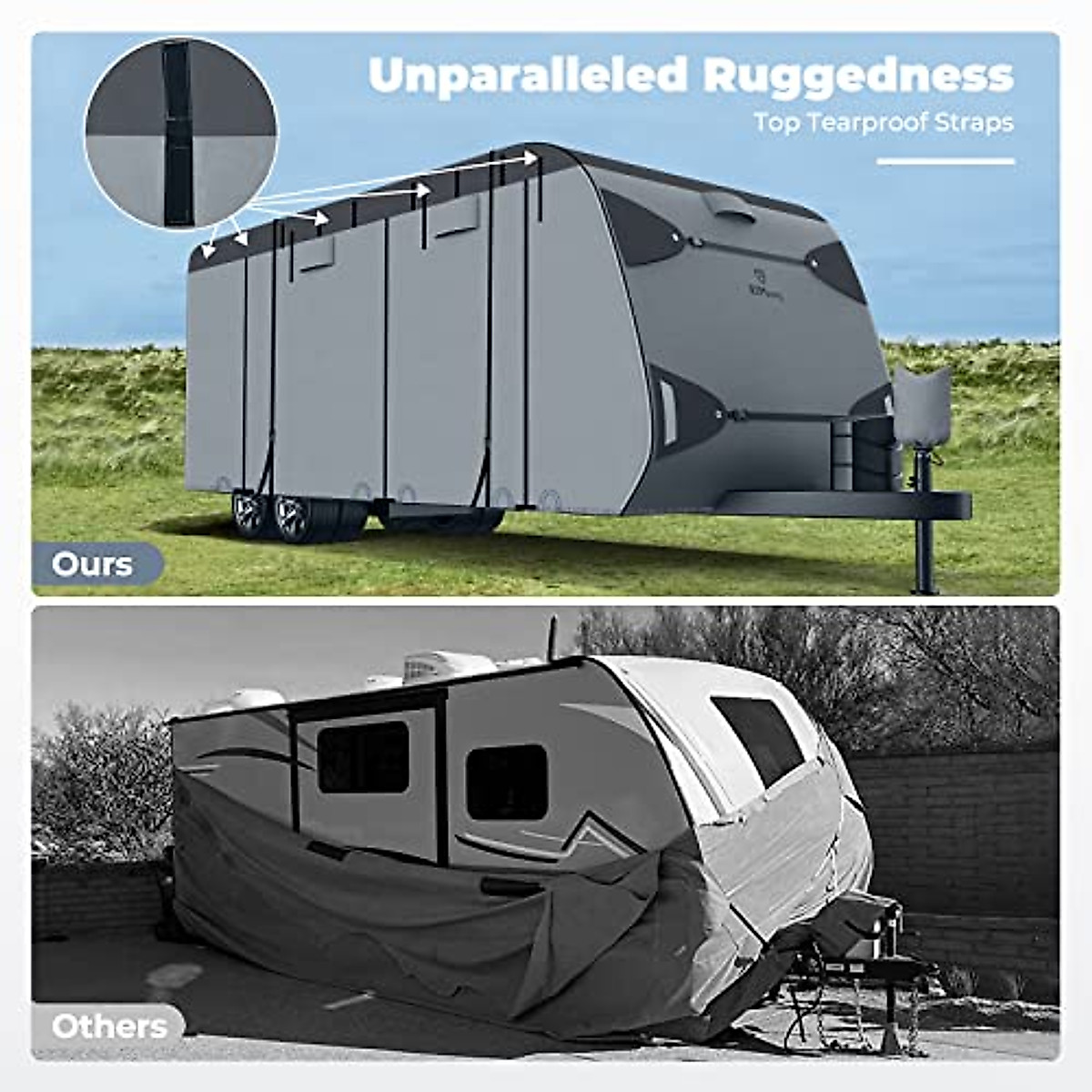 RVMasking 7 Layers top RV Travel Trailer Cover Rip-Stop Waterproof Camper Cover Fits 24‘1”-26' Motorhome - Anti-UV Windproof Breathable with 4 Tire Covers & Tongue Jack Cover