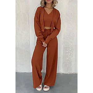 PRETTYGARDEN Womens 2024 Fall Track Suits 3 Piece Outfits Matching Sets Ribbed Knit Cardigan Cropped Tank Tops Wide Leg Pants (Brown,Large)