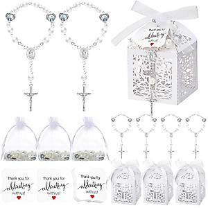Landical 100 Pieces Baptism Favors Set Includes 25 Mini Rosary 25 Laser Cut Baptism Favor Boxes 25 White Organza Bags and 25 Thank You Tags for Boys Girls Baby Shower Party Wedding Baptism Decorations