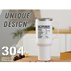 Onebttl Retirement Gifts for Men, Retirement Tumbler for Men 40oz Insulated Travel Cup with Handle, Retired Gifts for Dad, Grandpa, Friends, CoWorker (White, Schedule)