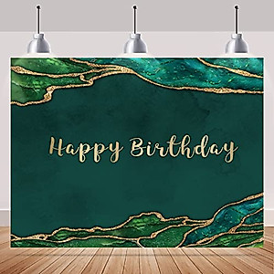 Rsuuinu Happy Birthday Backdrop Emerald Green and Gold Glitter Photography Background Birthday Party Banner for Women Man Cake Table Decor Favors Portrait Photo Studio Photobooth Props Supplies 7x5ft