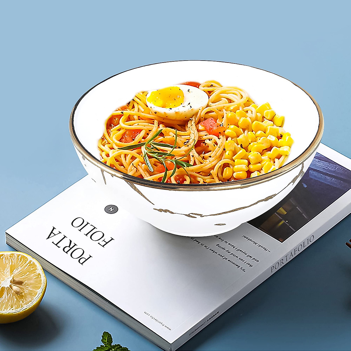 fanquare Gold Marble Soup Bowls 9 oz, Porcelain Ramen Bowls Set of 4, Cereal Bowl for Salad, Pasta, 5 Inch