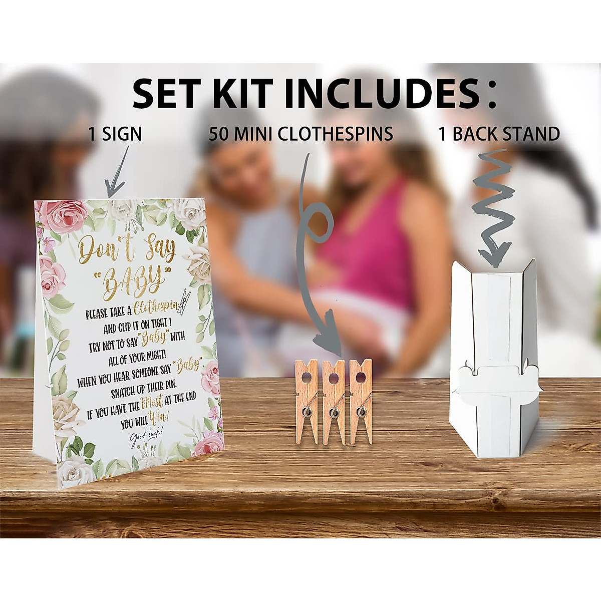 Don't Say Baby Baby Shower Game, Don't Say Baby Sign(Sign 8x10 Inch), Leafy Floral, 1 Standing Sign + 50 Clothespins(ds16)