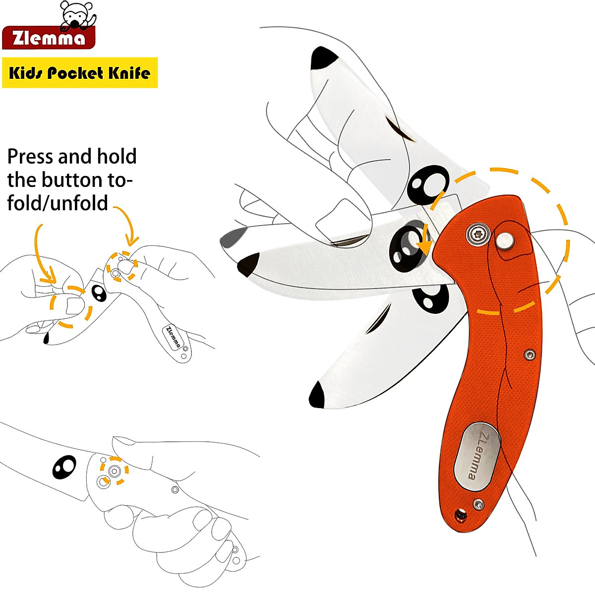 ZLemma Kids Pocket Knife with Clip & Safe Rounded Tip for Boy First Knife, Toddler Starter folding Knives with Japanese 420J2 Stainless Steel Sharpened Blade & Durable G10 Handle (Orange)