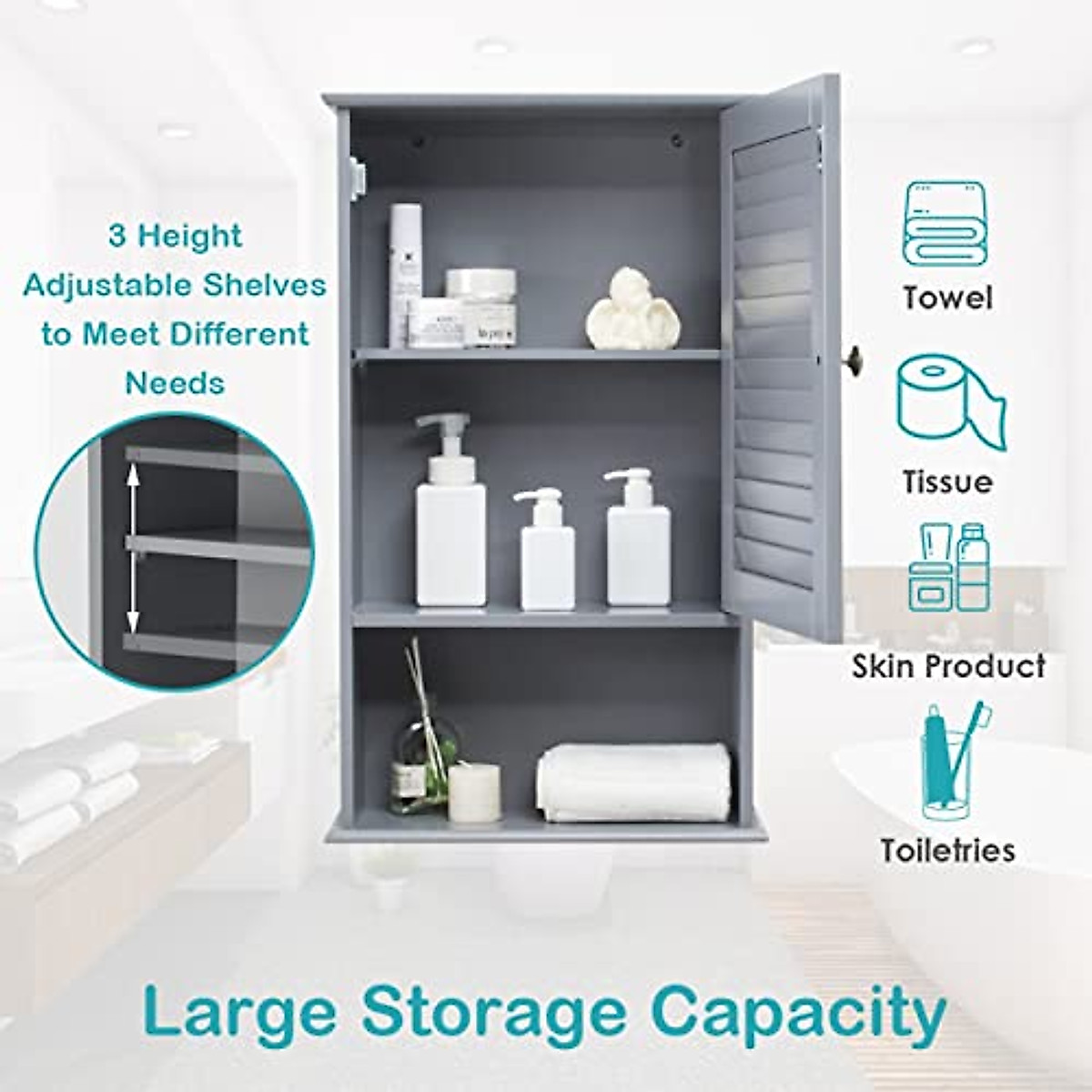 Bathroom Wall Cabinet, Wall Mounted Medicine Cabinet w/Single Louver Door, Adjustable Shelf, Bathroom Cabinet Wall Mounted Wooden Bathroom Storage Cabinet Over Toilet Laundry Room Kitchen (Gray)
