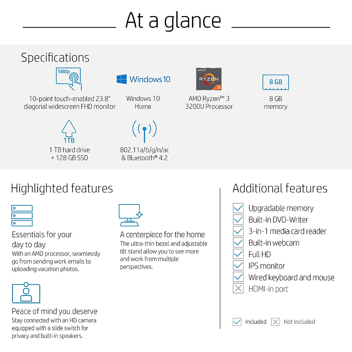 HP 24-Inch All-in-One Computer, AMD Ryzen 3 3200U, 8GB RAM, 1TB Hard Drive, Windows 10 (24-F1040, White)