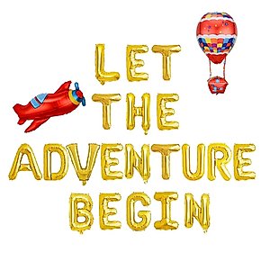 Let The Adventure Begin Balloons, Gold Mylar Aluminum Travel Theme Party Sign, Baby Shower/Bridal Shower/Wedding/Birthday/Moving Away/Goodbye/Graduation/Retirement Party Decorations