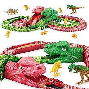 Dinosaur Toys for Kids Green and Pink Double Dinosaur Tracks Race Car Create Flexible Tracks Dinosaue World Playset 284 pcs for Gifts