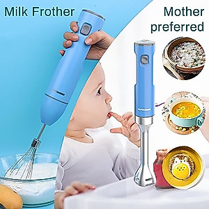 Cordless Hand Blender, OUTRONSM Immersion Blender Rechargeable, with Charging Cable, 500ml Chopper, 600ml container, Egg Whisk, for Smoothies, Milkshakes, Baby Food and Soups – Blue